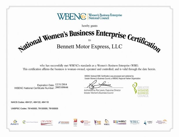 WBENC Certification - Ace Doran Hauling & Rigging